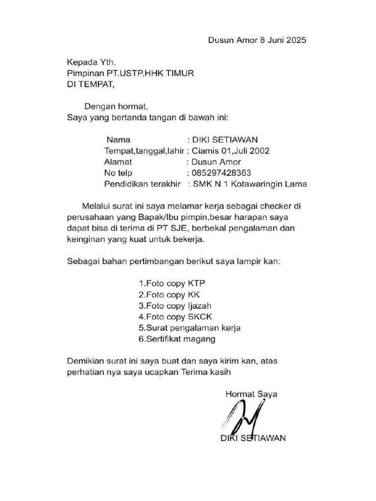 Lamaran Kerja Diki Setiawan | PDF