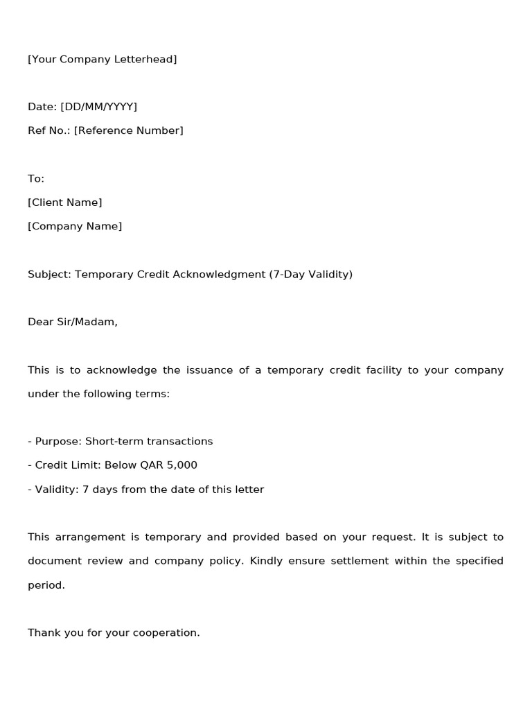 Short Temporary Credit Ack 7days | PDF