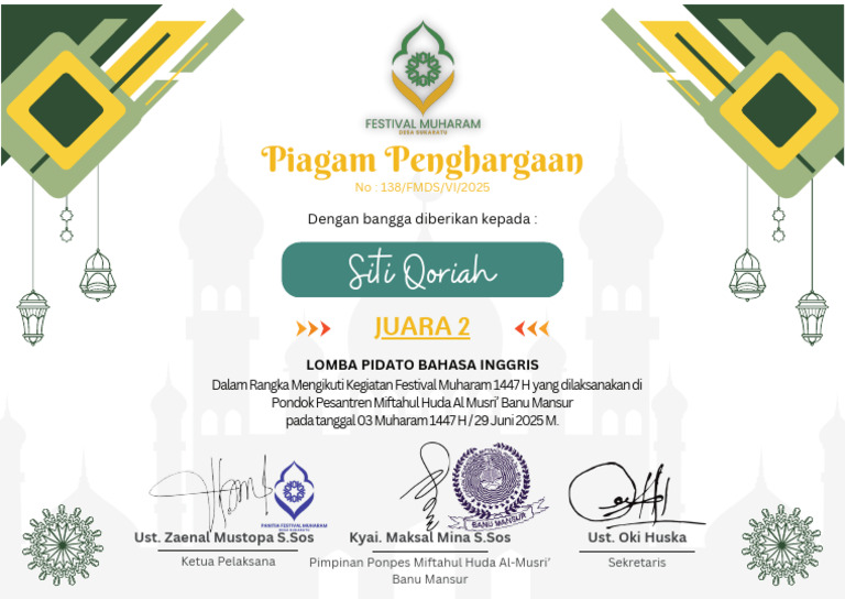 Hijau Dan Kuning Ilustrasi Piagam Penghargaan Juara 1 Lomba Hafalan ...
