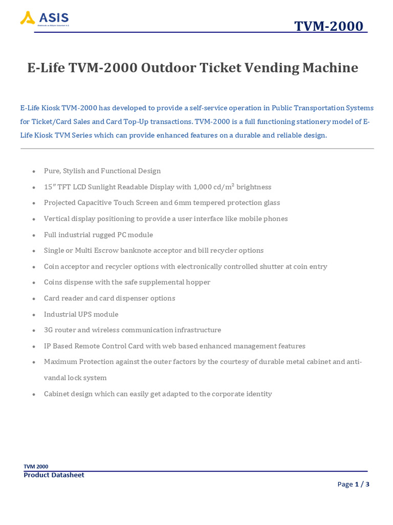 ASIS TVM-2000 Outdoor Ticket Vending Machine Datasheet | PDF