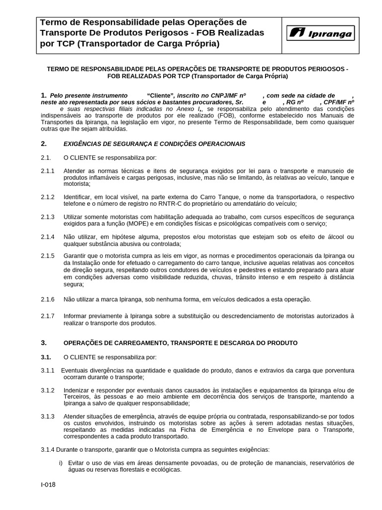 I-018 - Termo de Responsabilidade para o Transporte Rodoviário de Produtos Perigosos FOB - TCP 1 ...