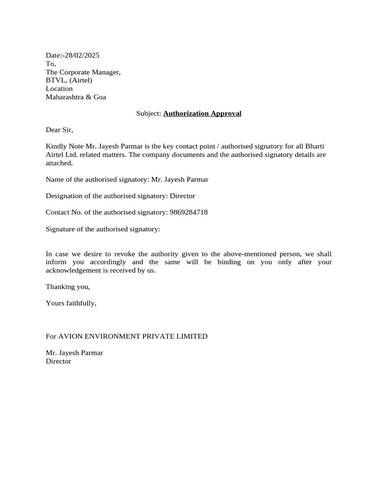 Authorized Signatory Letter New 1 | PDF