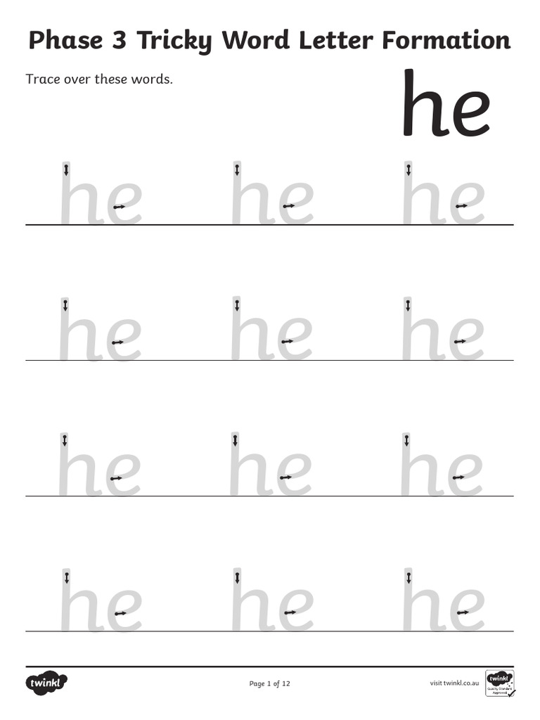 Phase 3 Tricky Words Letter Formation Activity Sheet | PDF