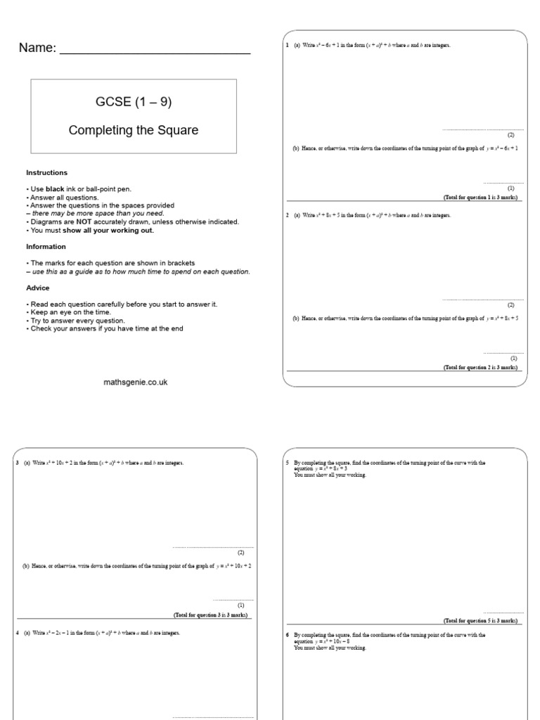Completing the Square for GCSE Maths | PDF | Mathematics | Mathematical ...