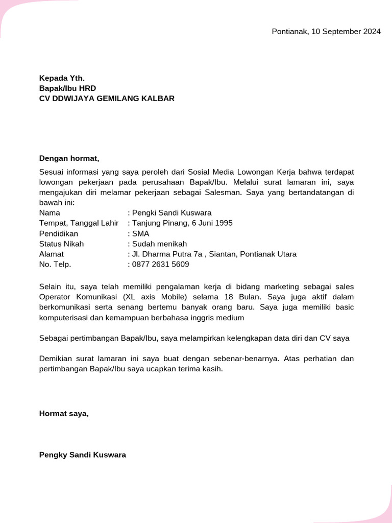 Surat Lamaran CV Gemilang | PDF