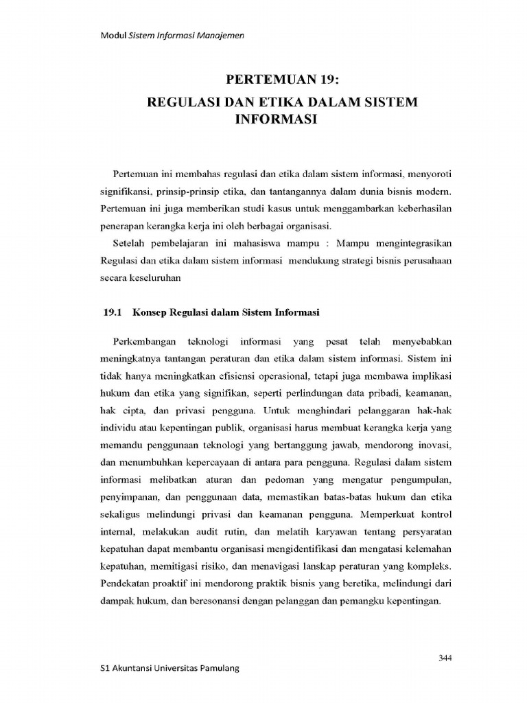 PERTEMUAN KE-19 - Regulasi Dan Etika Dalam Sistem Informasi | PDF