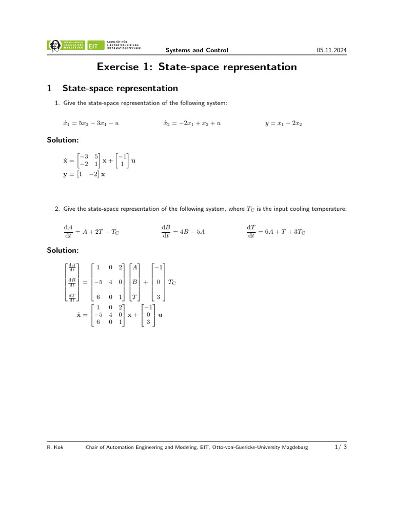 Exercise 1 State Space Representation Solution Updated | PDF | Nonlinear System | Equations
