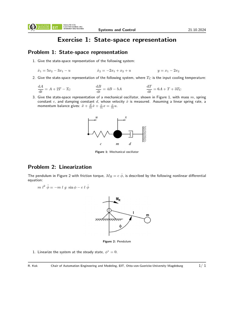 Exercise 1 State Space Representation | PDF