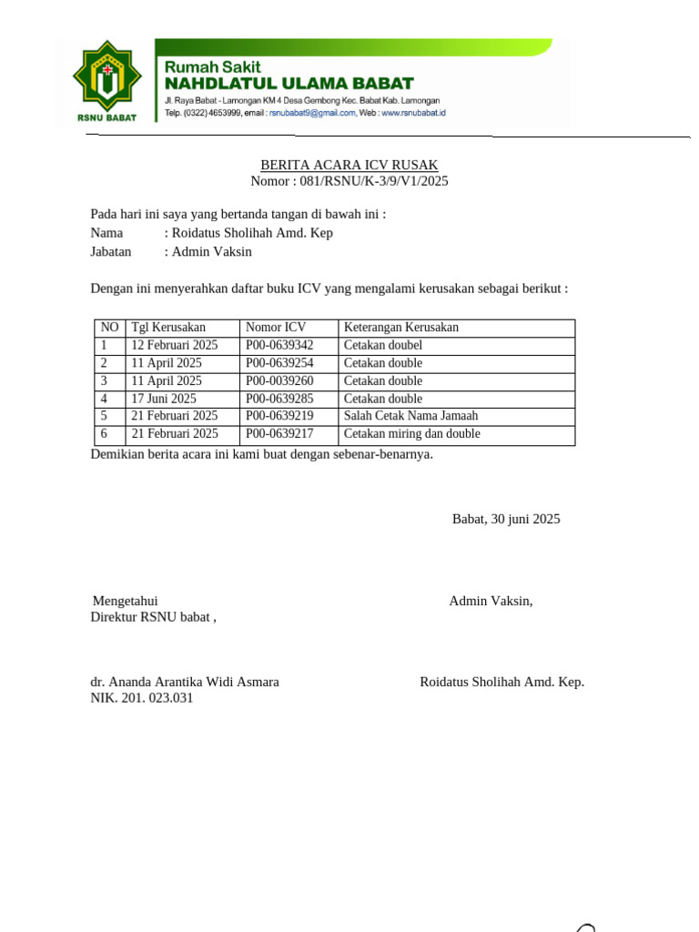 Berita Acara Icv Rusak 30 Juni 2025 | PDF