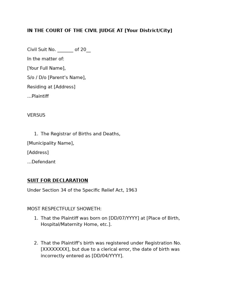 Declaration Suit For DOB Correction | PDF | Affidavit