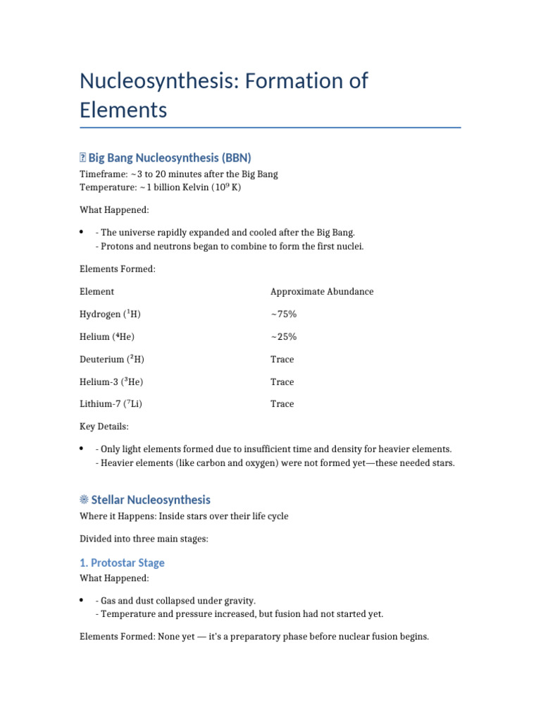 Nucleosynthesis Formation of Elements | PDF | Chemical Elements | Stars