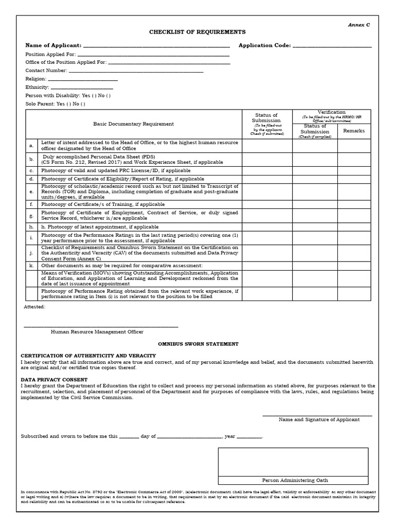 Job Application Requirements Checklist | PDF