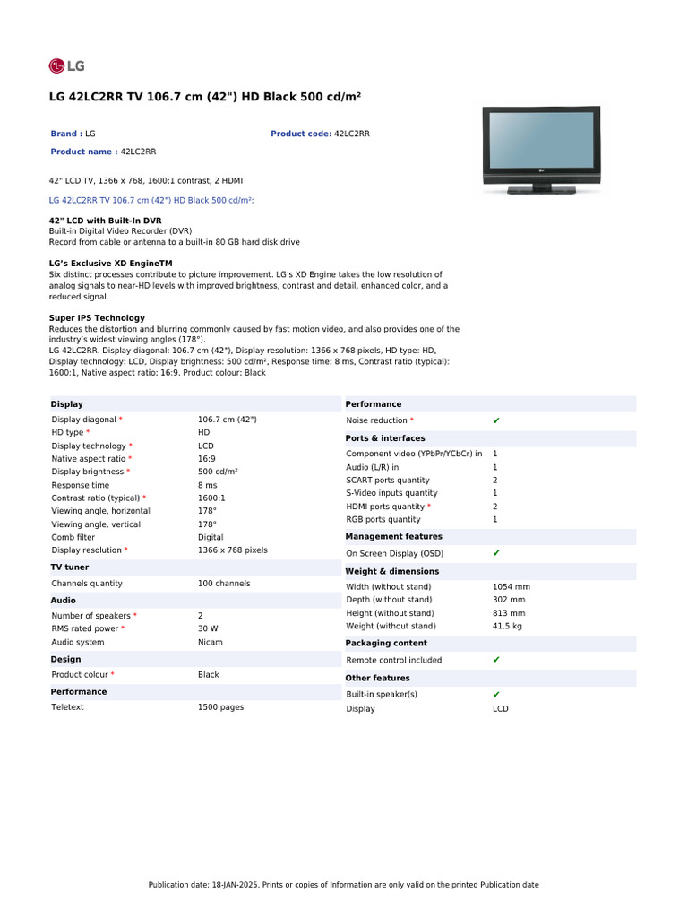 LG 42LC2RR 42" HD LCD TV Overview | PDF | Video | Display Resolution