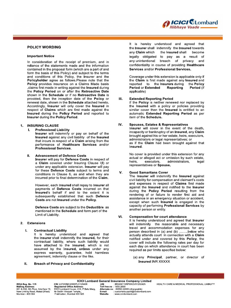 New Policy Wording of ICICI Lombard | PDF
