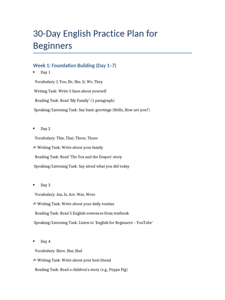 30-Day English Practice Plan for Beginners | PDF | Vocabulary