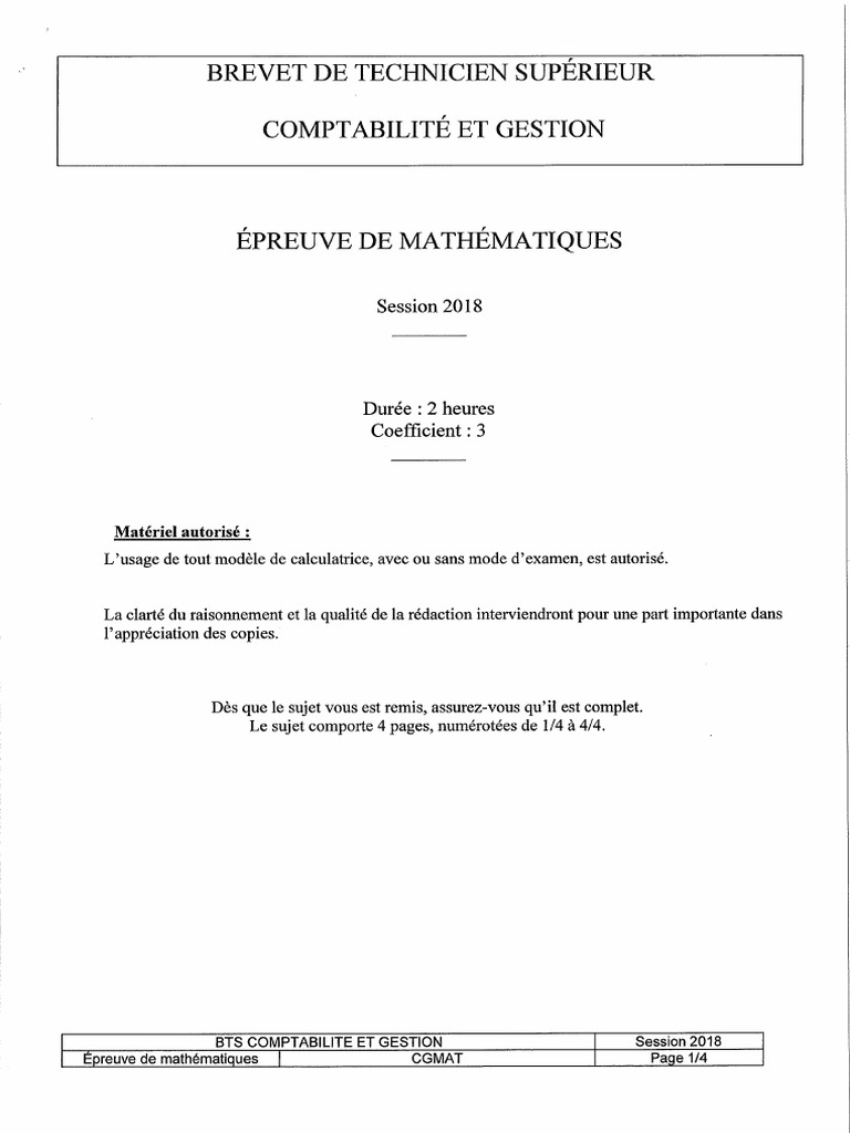 BTS CG 2018 Epreuve E2 Mathematiques | PDF