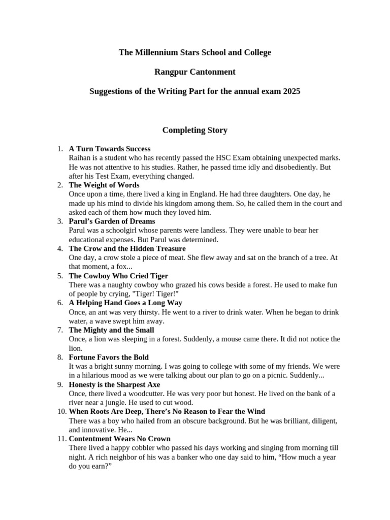 Completing Story Suggestions For Annual Exam | PDF