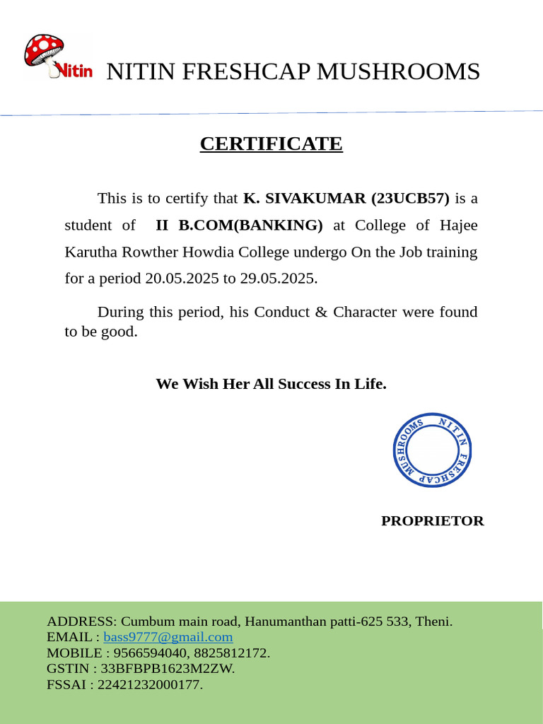 Siva Certificate for On-the-Job Training | PDF