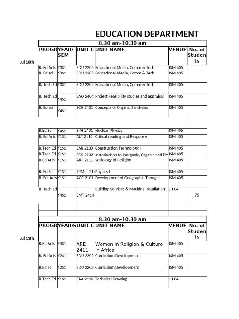 July 2025 Special-Supp Exam Timetable Education Draft | PDF