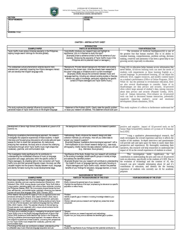 Chapter 1 Writing Activity Sheet | PDF | Language Development ...