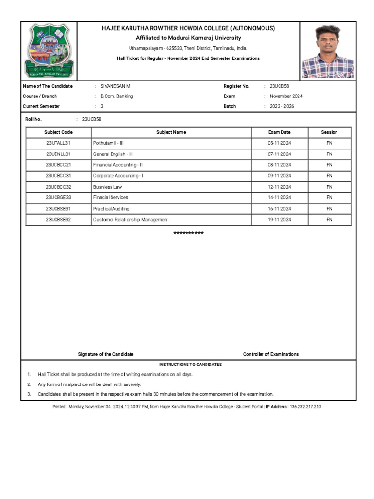 Sivanesh External Hall Ticket | PDF | Educational Stages