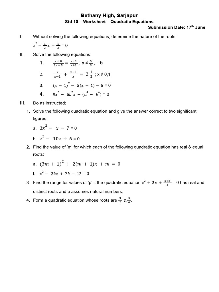 Quadratic Equations Practice Worksheet 1749805913 | PDF