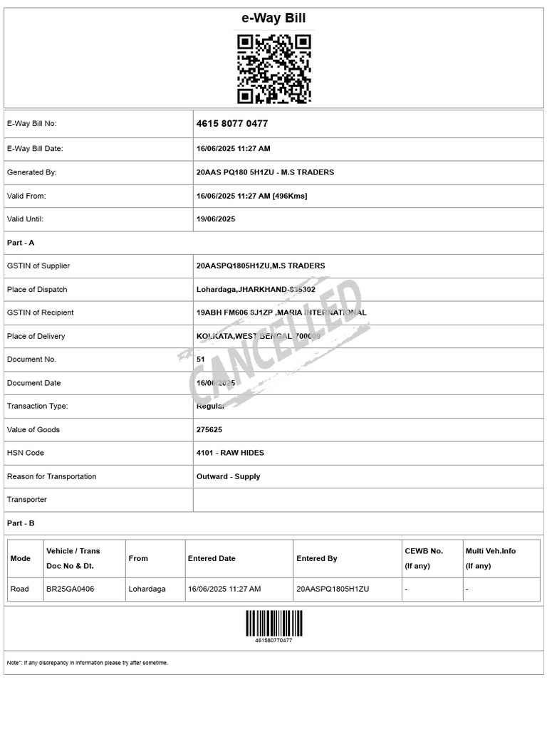 E-Way Bill for Raw Hides Shipment | PDF