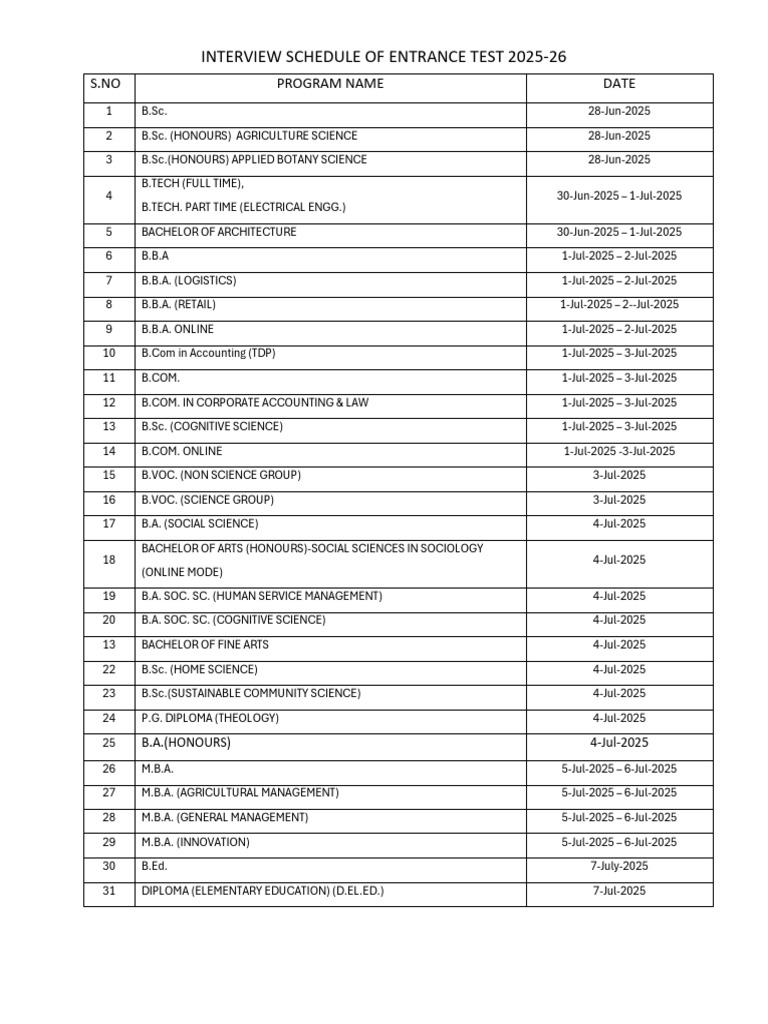 Final Interview Schedule of Entrance Test 2025-26 | PDF | Titles ...