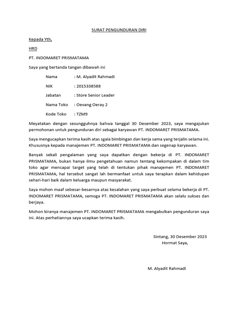 Surat Pengunduran Diri Adit | PDF