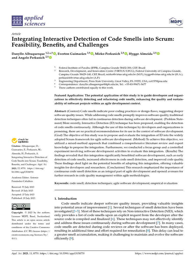 2023-Applsci-Integrating Interactive Detection of Code Smells Into Scrum Feasibility Benefits ...
