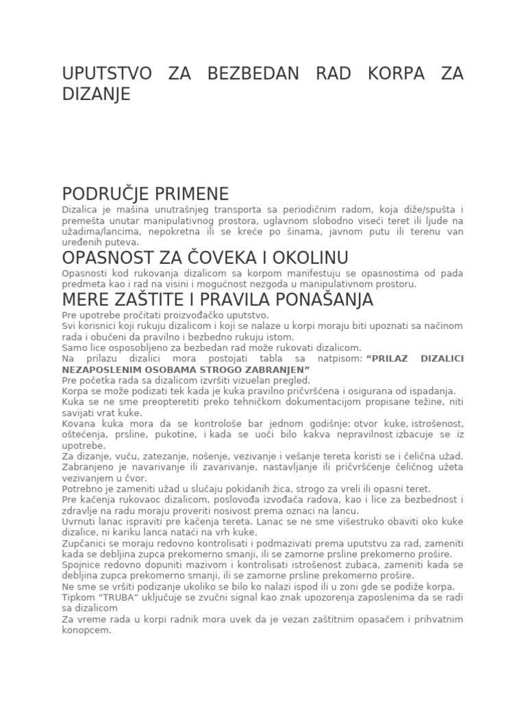 Uputstvo Za Bezbedan Rad Korpa Za Dizanje | PDF
