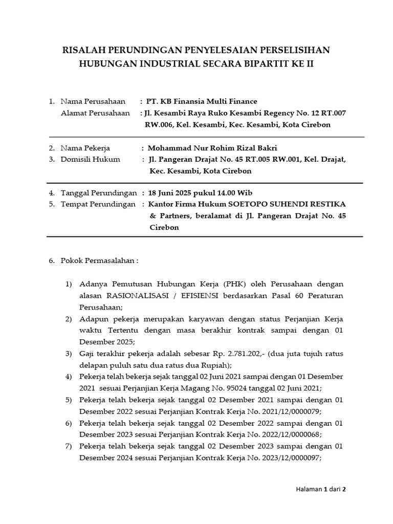 Risalah Perundingan PHK Bipartit PT KB | PDF