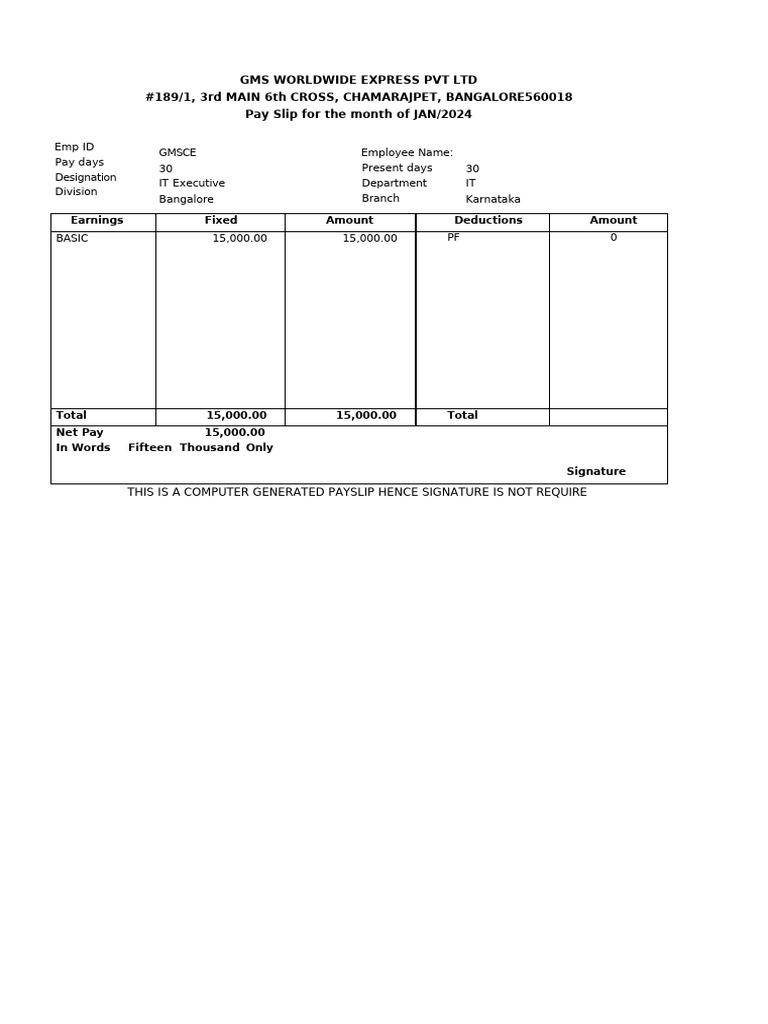 GMS Pay Slip - January 2024 | PDF