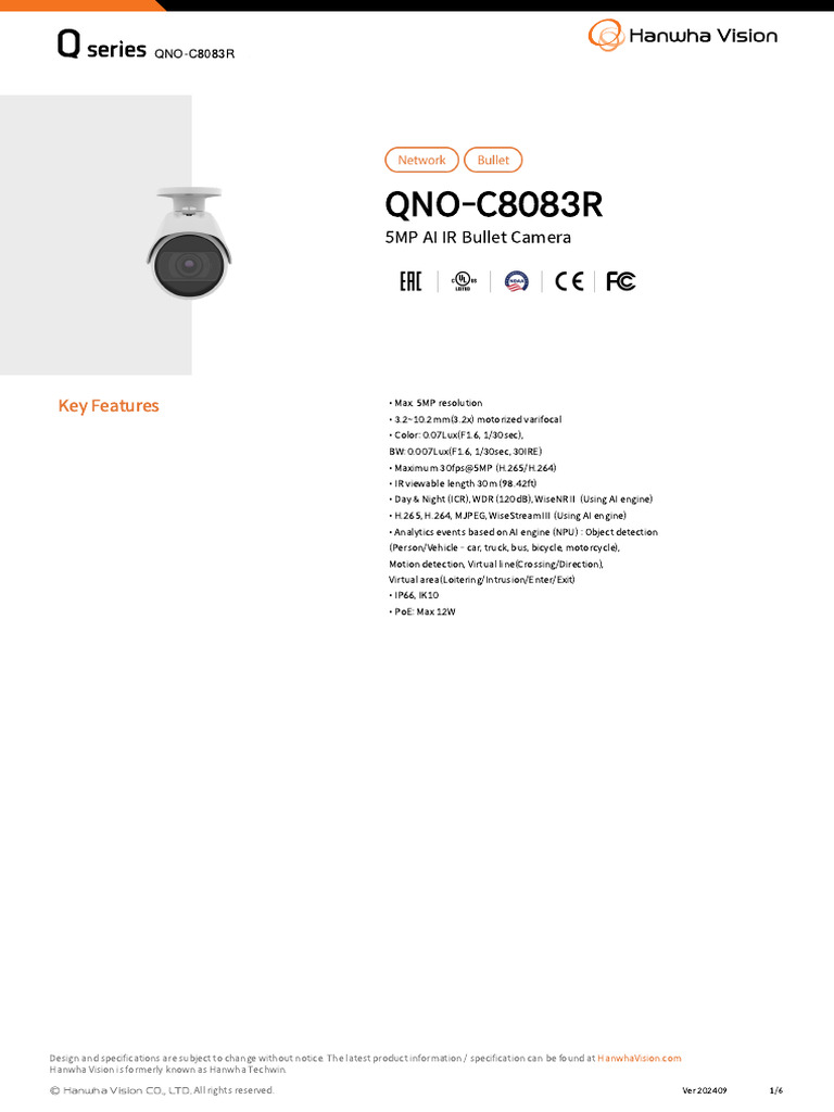 QNO-C8083R 5MP AI Bullet Camera | PDF | Camera Lens | Internet Protocols
