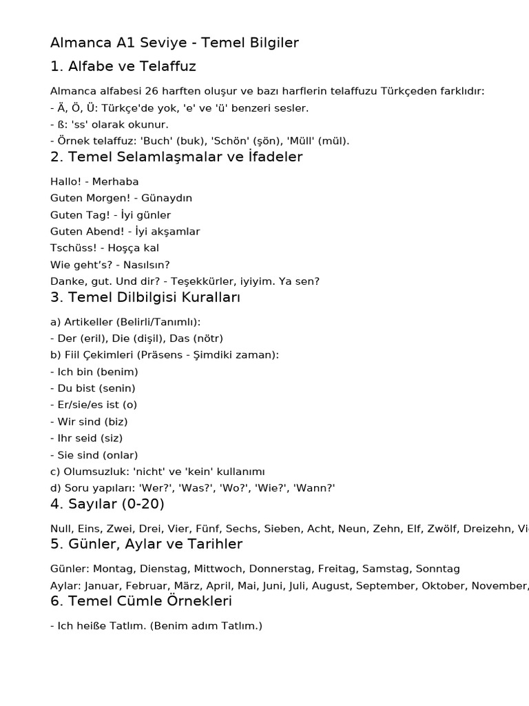 Almanca A1 Temel Bilgiler UTF8 | PDF