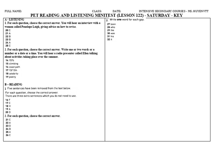 22a - Sat - l122 - Reading & Listening Minitest Key | PDF