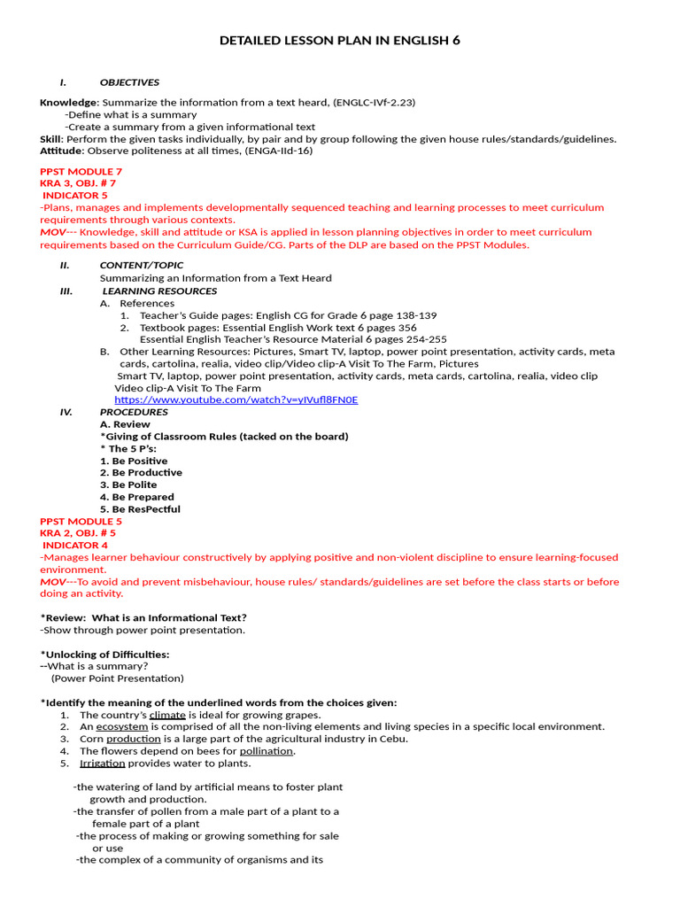 English 6 Lesson Plan: Summarizing Texts | PDF | Climate Change