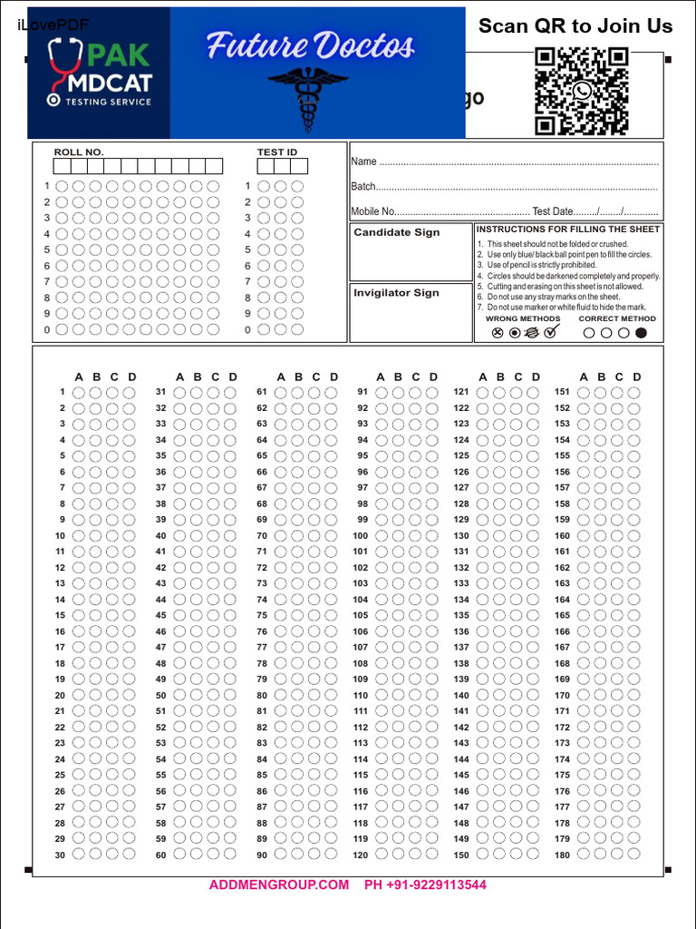 MDCAT 180 Questios OMR Sheet | PDF | Chess Theory | Chess