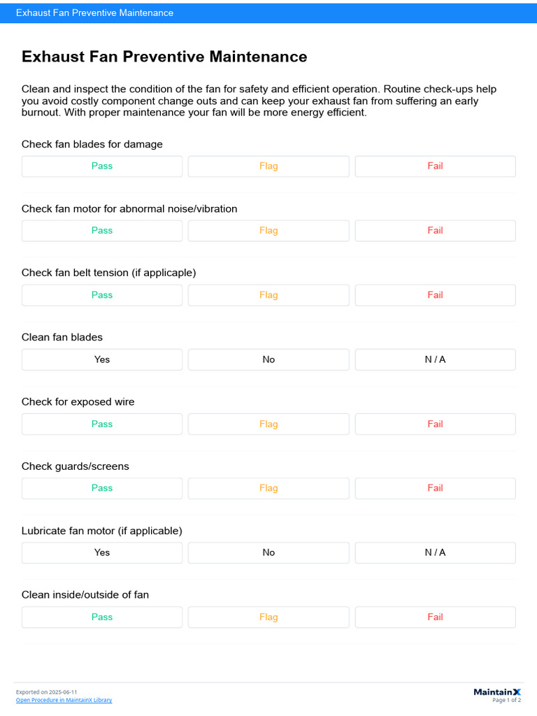 Exhaust Fan Maintenance Checklist | PDF