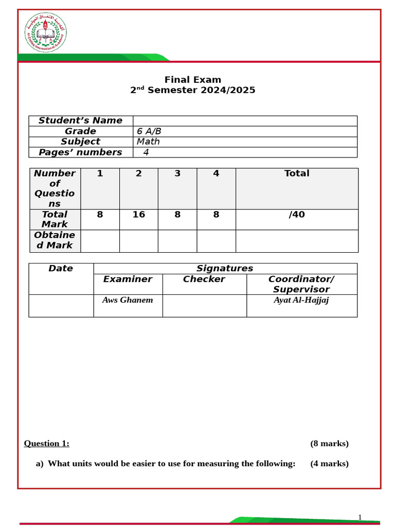 6th Grade Math Final Exam 2025 | PDF | Probability | Mathematics