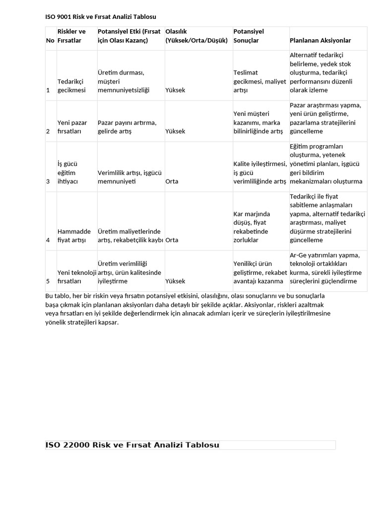 ISO Risk Ve Fırsat Analizi Tablosu | PDF