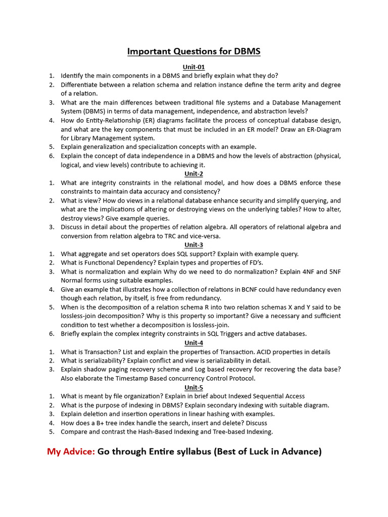 Important Questions For DBMS | PDF | Databases | Database Index