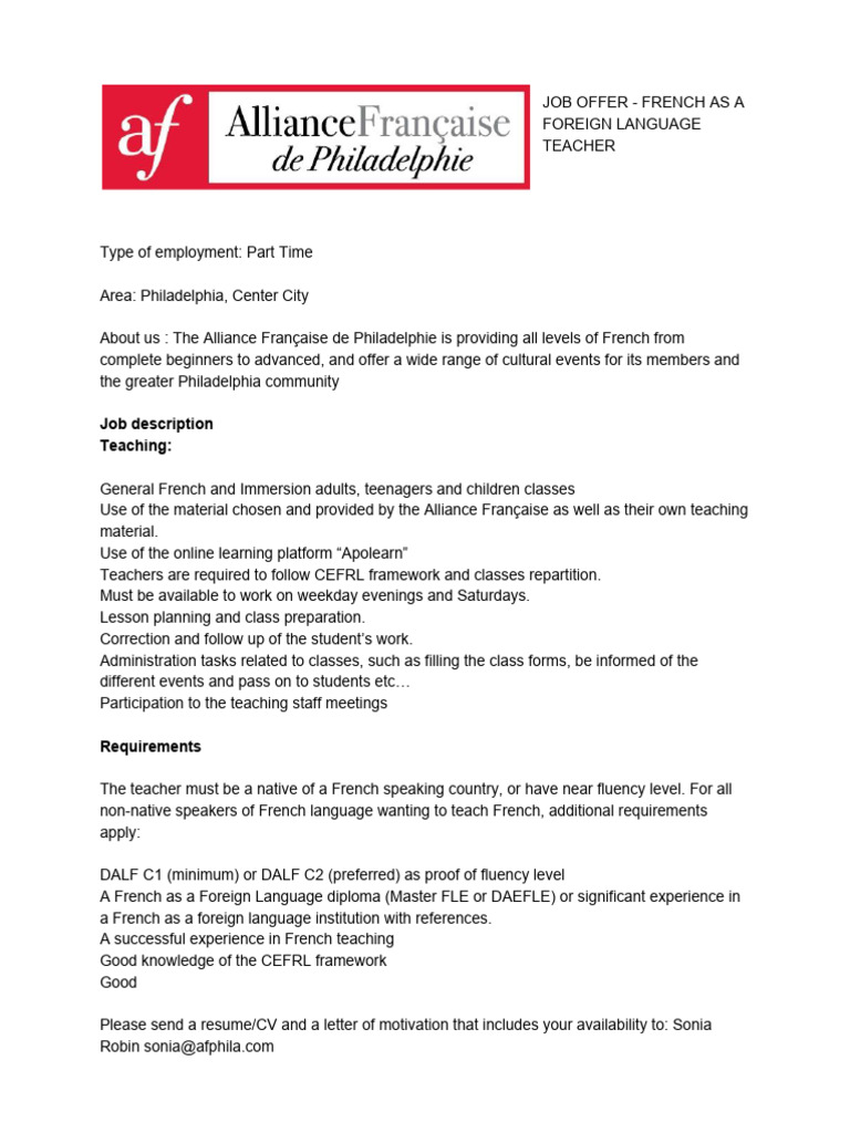 2020 Part Time Job Offer French As A Foreign Language Teacher | PDF