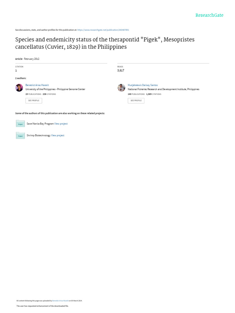 Species and Endemicity Status of The Therapontid Pigek Mesopristes ...