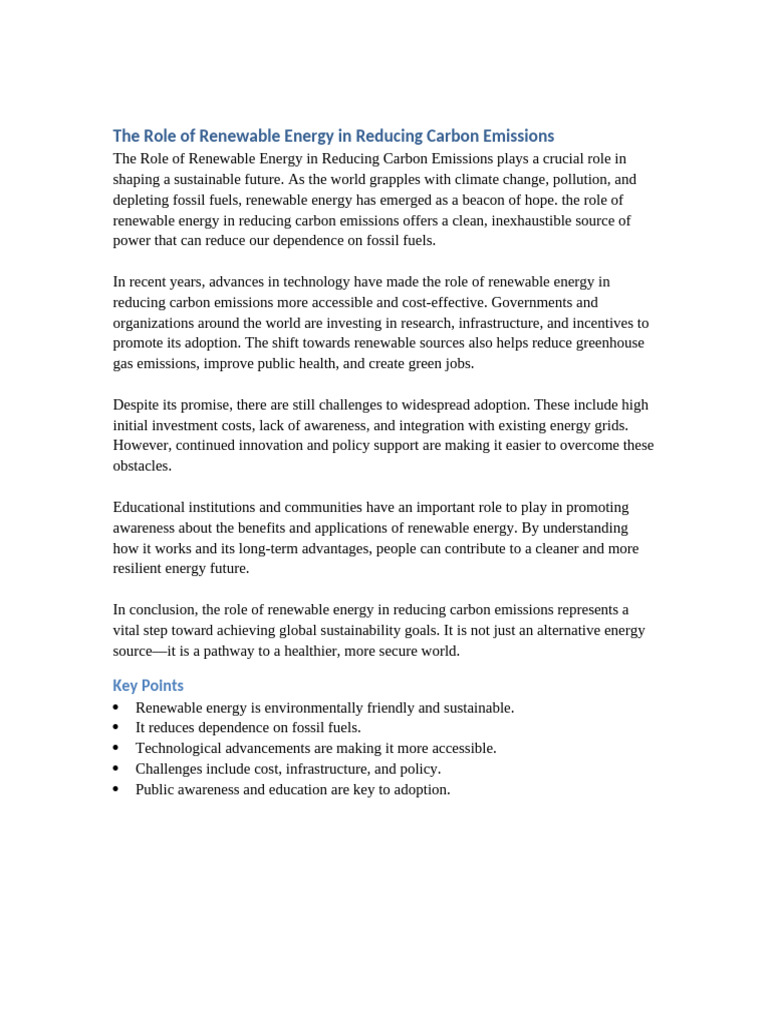 The Role of Renewable Energy in Reducing Carbon Emissions | PDF