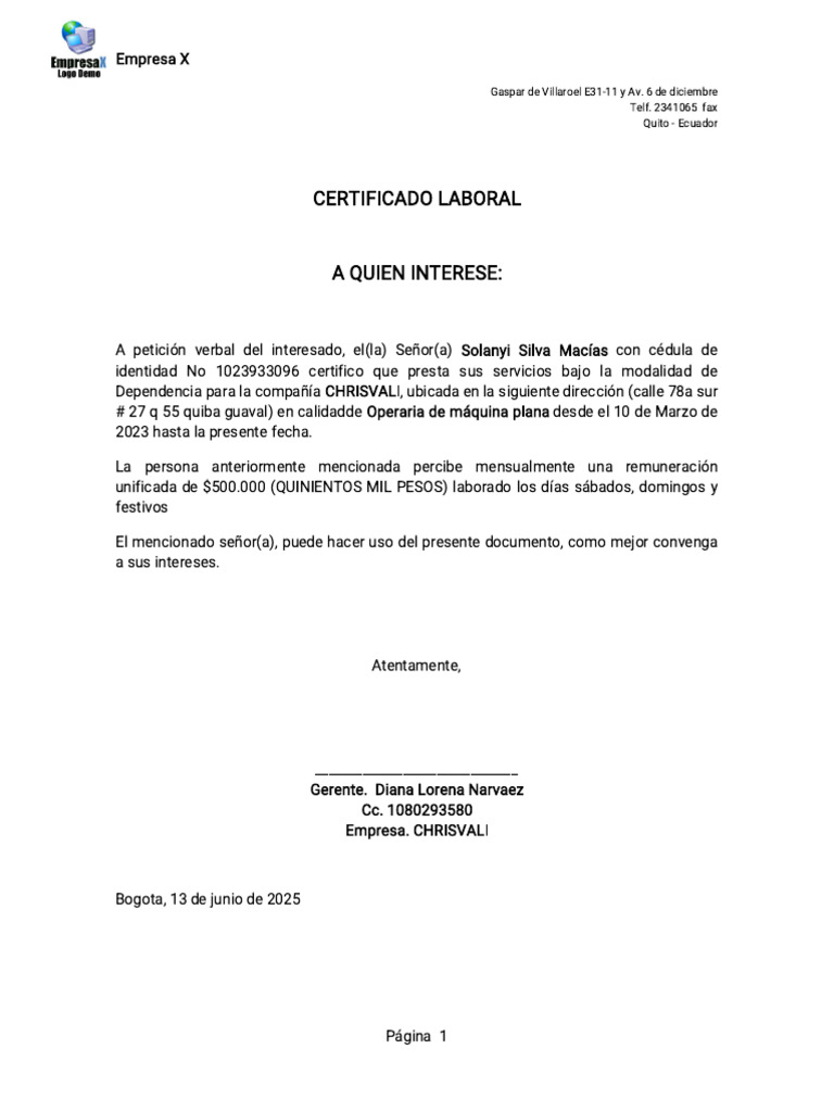 Certificado Laboral de Solanyi Silva Macías | PDF