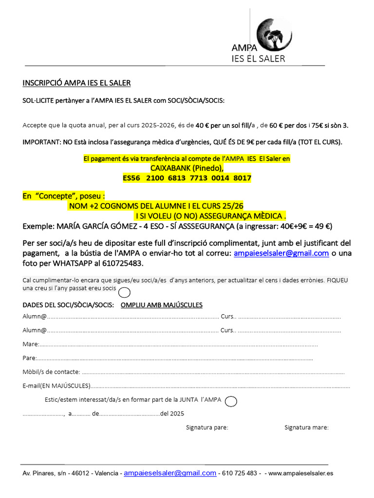 Ficha Inscripción Ampa 25-26 | PDF