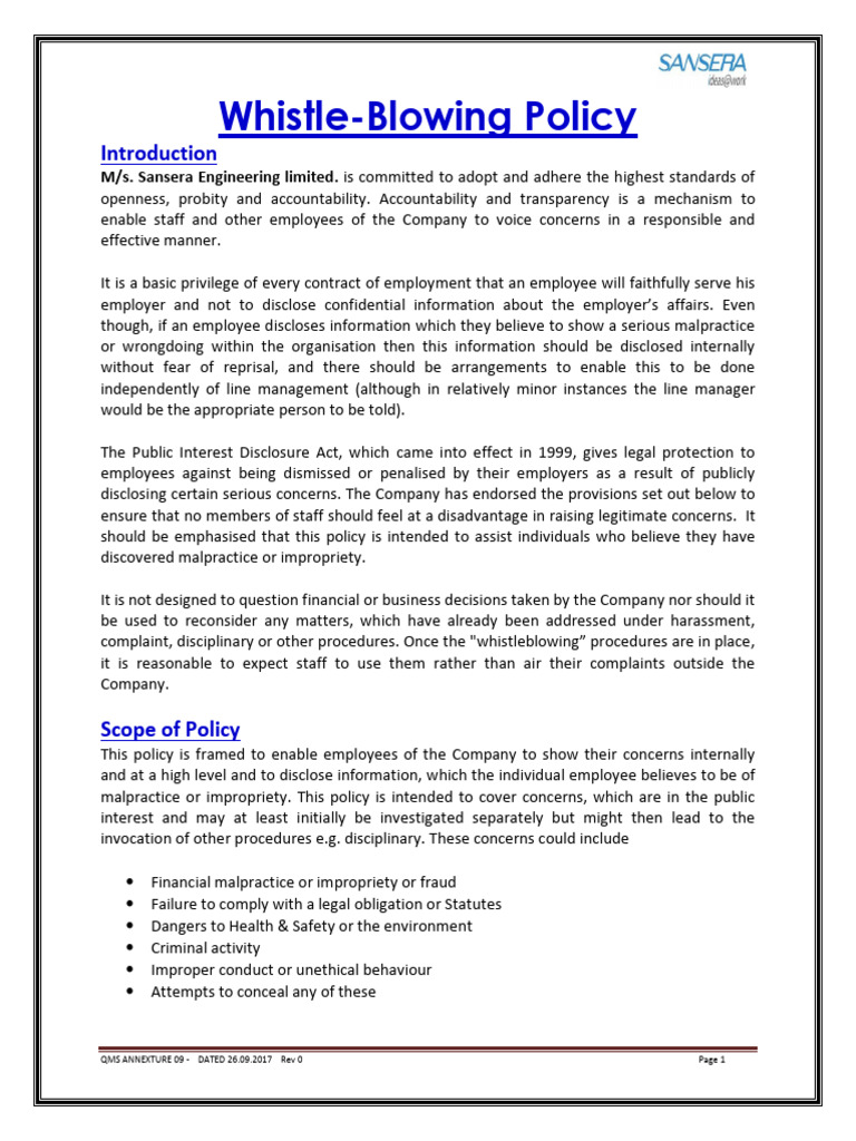 Whistle-Blowing Policy Overview | PDF | Justice | Crime & Violence