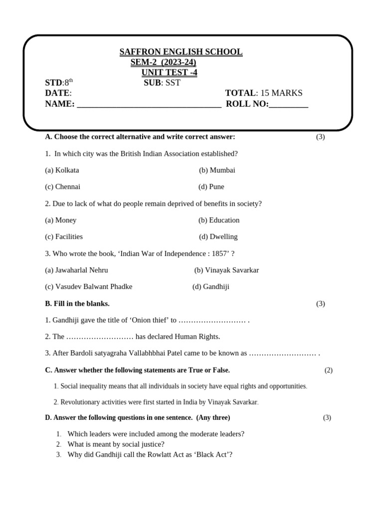 SST - 8th Class UT4 | PDF