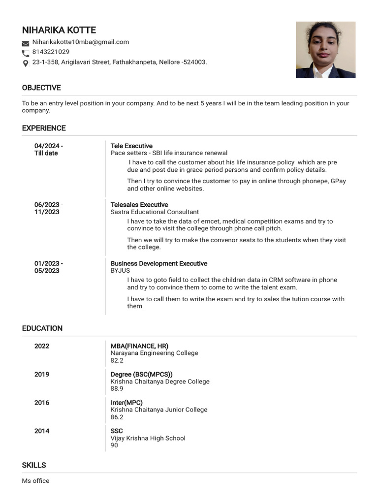 Niharika Kotte Resume Apna | PDF | Working Capital | Financial Services